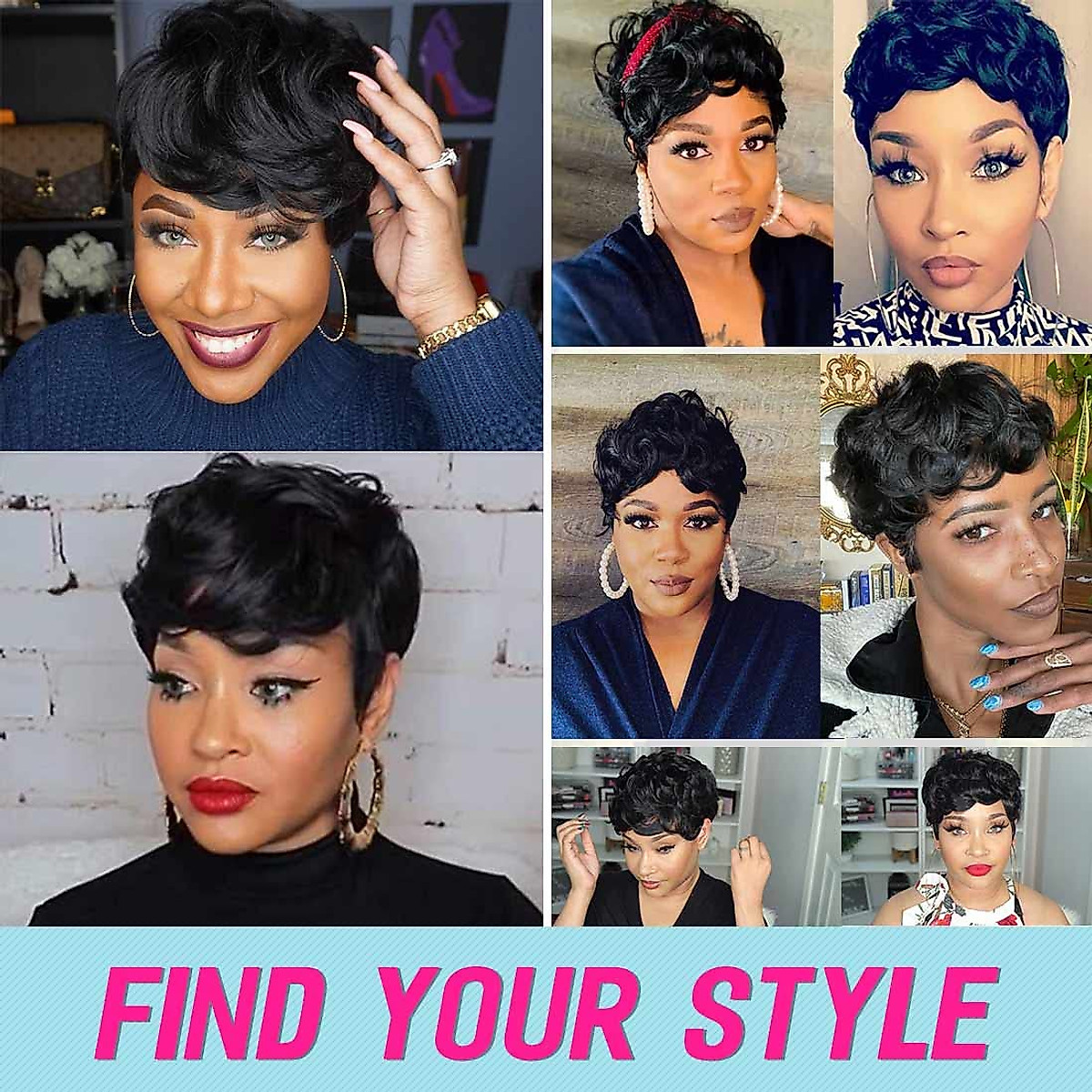 Flandi Short Pixie Cut Wigs for Black Women Natual Black Curly Pixie Wigs with Bangs Short Wigs Human Hair Wigs Short Curly Layered Pixie Wig for Women (Short Pixie Wavy 1B#)