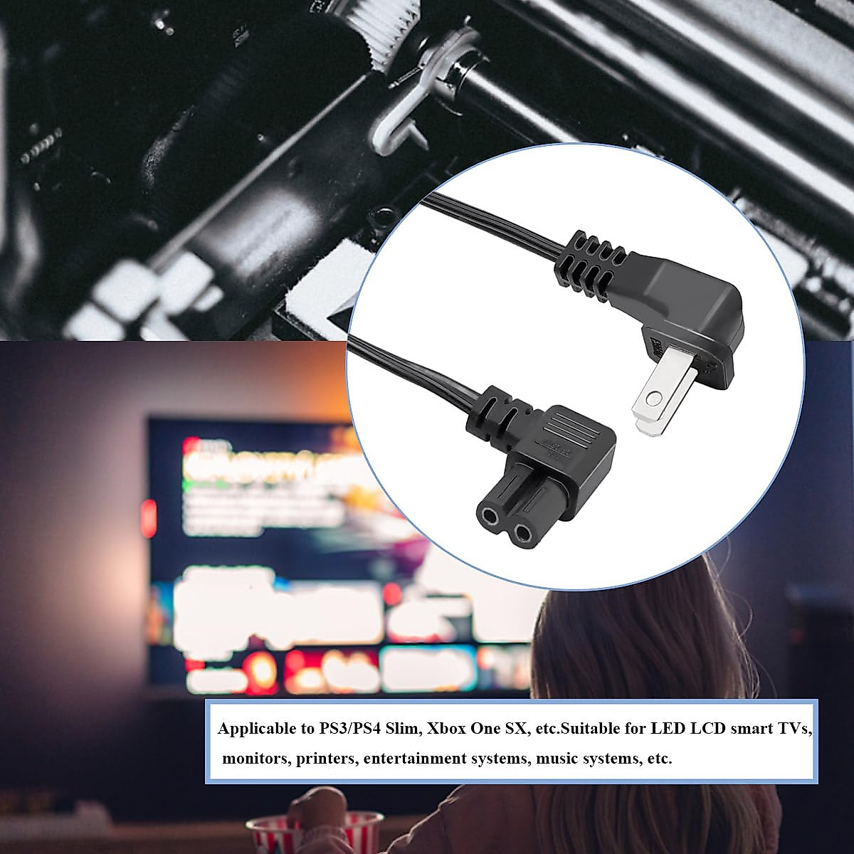 Taiss TV Power Cord, 10ft (3m), 90° Angle 2-pin to L-Shaped Power Cord Replacement, Suitable for AC Power Cords Such As 18AWG LED TVs