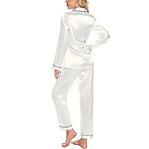 Pjmlifecoco Women's Silk Pjs Set Satin Long Pajamas Top and Pants 2 Pieces Sleepwear with Pockets White