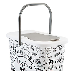 Pounce + Fetch 3 Gallon Pet Dry Food Container with Scooper | Dog Food Organizer | Helps Organize Pantry and Cabinets | Dog & Puppy Print Design | Carrying Handle | Flip Top Lid,White