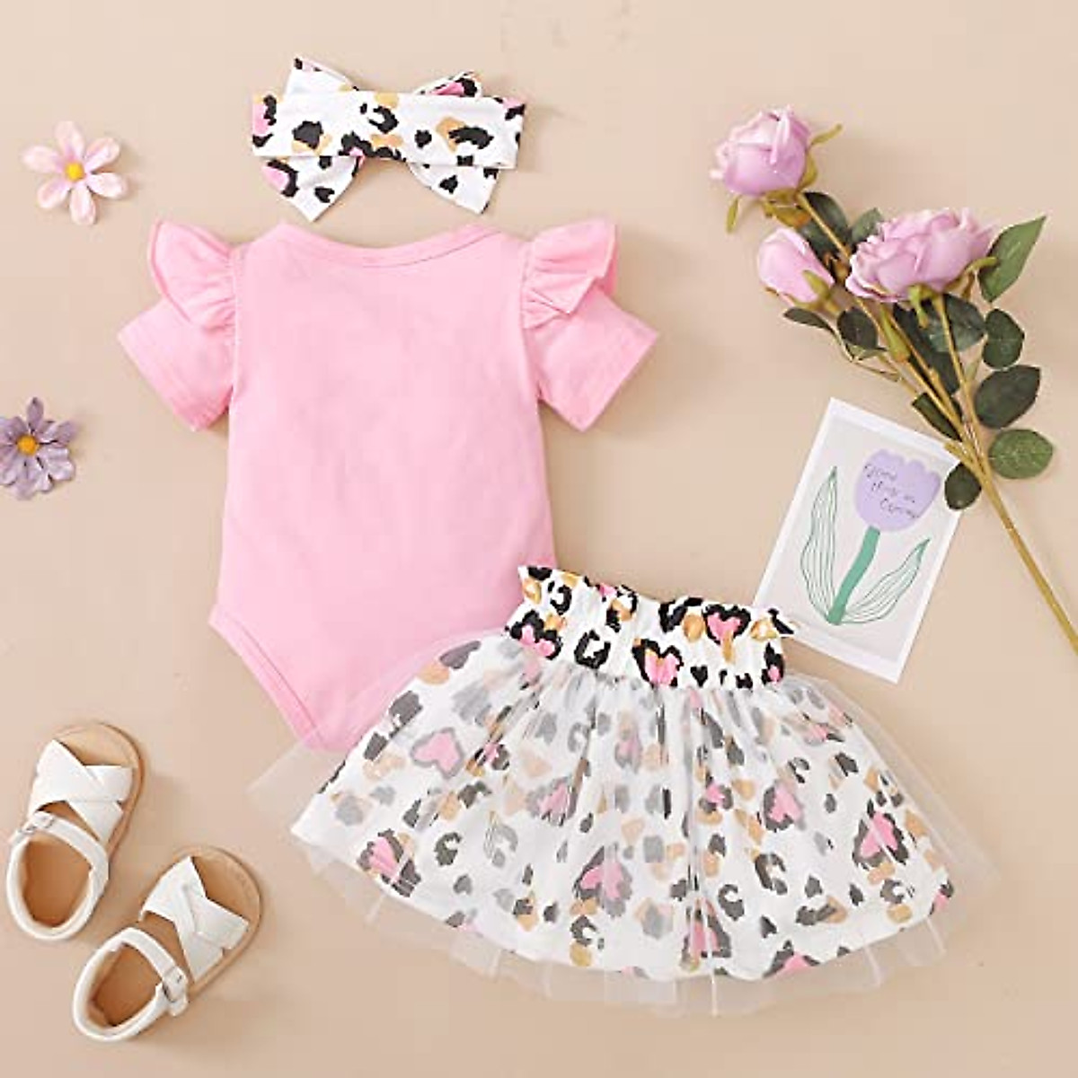 MIEKISA Baby Girls Romper and Leopard Mesh Dress Sets With Headband (Pink, 0-3 Months)
