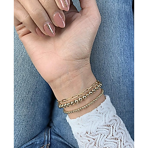 ARATLENCH Beaded Bracelet Link Chain Bracelet Set for Women Stack Stretch Beads Bracelets Minimlist Paperclip Figaro Link Chain for Women(gold bracelet set)