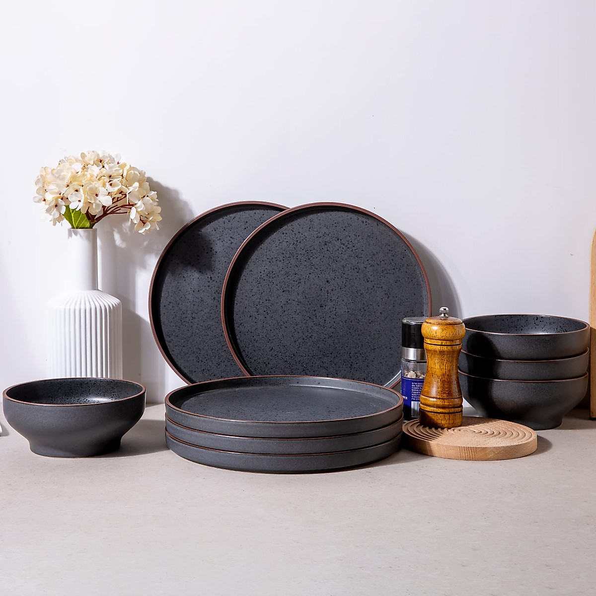 LERATIO Dinner Plates,Ceramic Dinner Plates Set of 6,10.75 inch Large ceramic plates,Modern Shape Dinnerware Dishes Set for Kitchen, Microwave & Dishwasher & Oven Safe-Coffee Rim