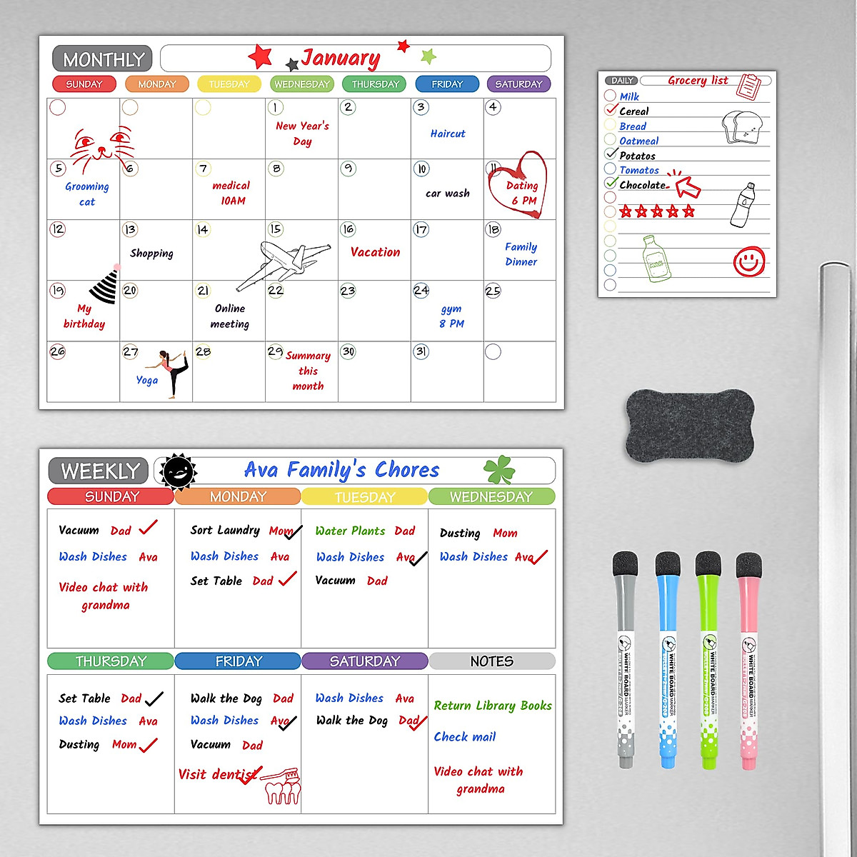 GOLDFOREST® 2024 Fridge Calendar Refrigerator Magnetic Dry Erase Board,17x12" Monthly and Weekly Whiteboard, Daily Organizer Planner/Grocery List, 4 Fine Tips Markers and Free Eraser, New Year Gift