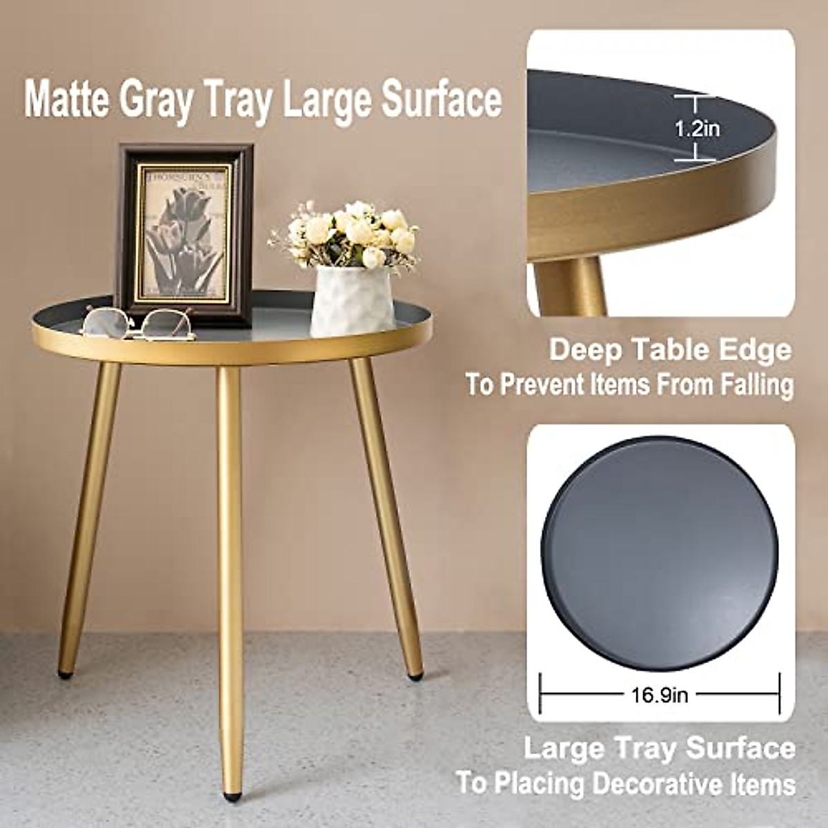AOJEZOR Round End Table Ideal for Any Room, Metal Structure Side Tables Great For Living Room, Bedroom, Indoor, Outdoor, Matte Gray Tray with 3 Gold Legs Accent