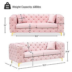 DAMAIFROM 75 Inch Sofa Couch Set of 2, Modern Upholstered Couch Tufted Velvet Sofa High Arm and Metal Gold Legs Decor with 2 Piilows Big Comfy Couch for Living Room, Pink