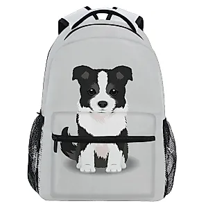 Pfrewn 17 Inch Kids Dog Grey Backpacks for Girls Boys Border Collie Puppy Travel School Backpack for Students School Teens