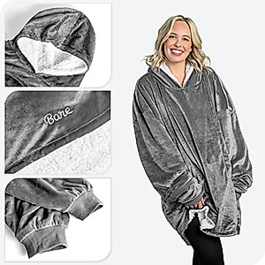 Bare Home Sherpa Fleece Wearable Blanket - Oversized Wearable Blanket Hoodie - Adult Size - Warm & Cozy - Soft Plush Blanket - Comfortable Blanket Sweatshirt with Dual-Sided Pocket (Adult, Grey)