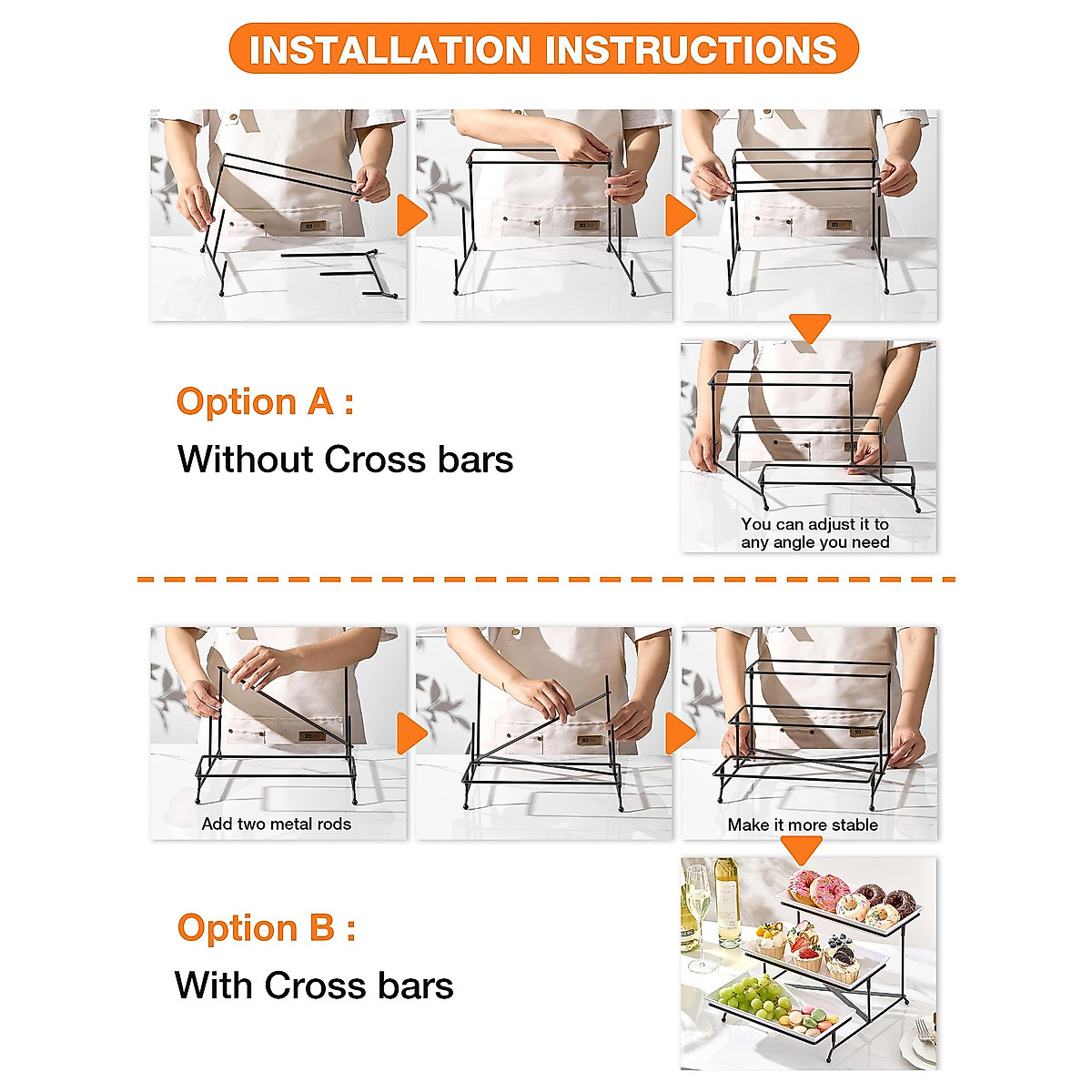 Mfacoy 3 Tier Serving Tray Set, 12" Tiered Serving Trays Platters, Reusable Serving Tray for Party, Collapsible Sturdier Stand with Stable Cross Bars, Serving Platters for Veggie, Fruit, Dessert