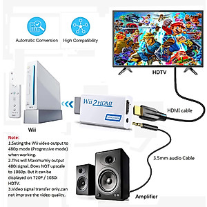 sartyee Wii to HDMI Converter, Wii2 to HDMI for HD Video Audio Output with 3.5mm Audio Jack, Supports All Wii Display Modes 1080P 720P, Wii, Wii U, HDTV, Monitor, NTSC