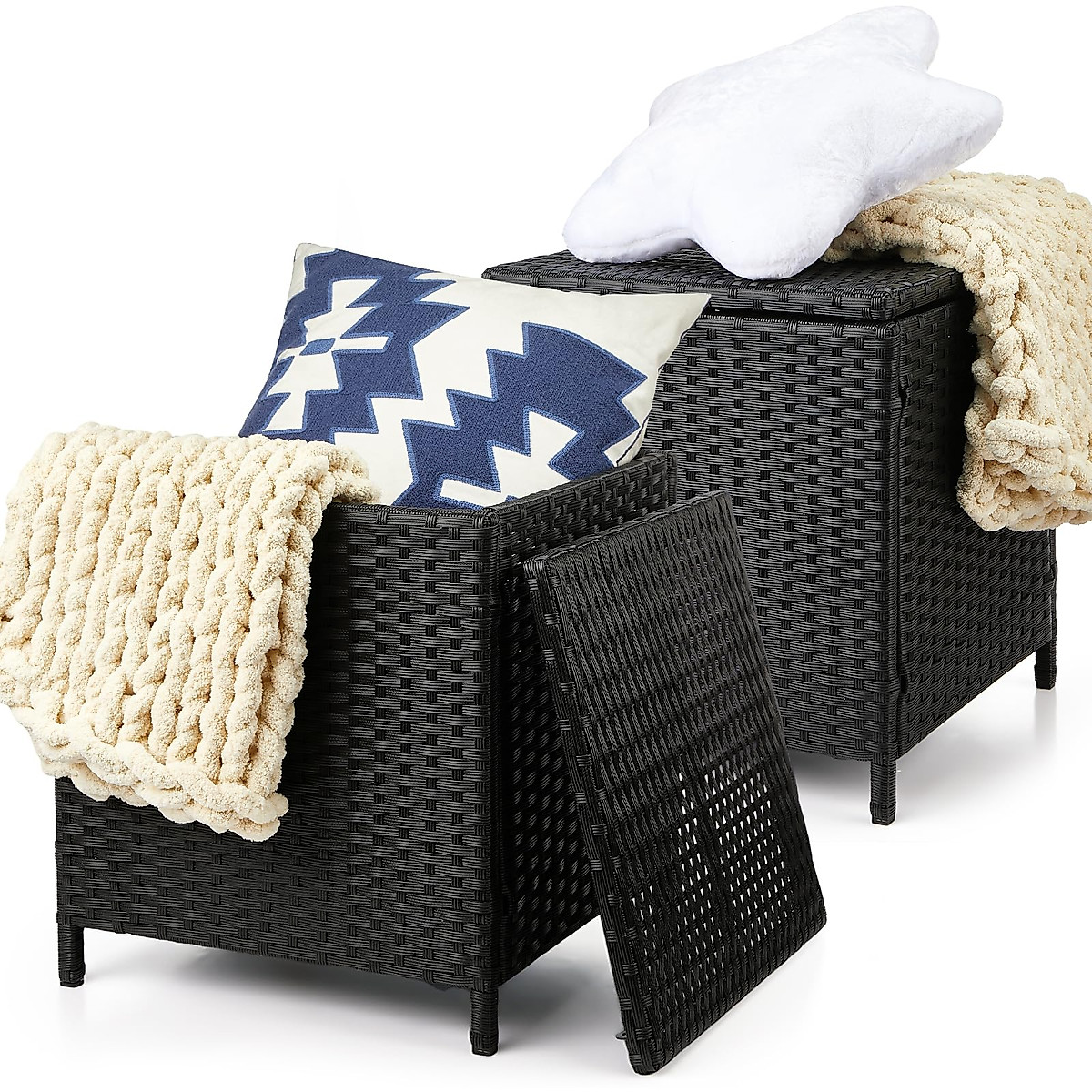DoubleFill 2 Pcs Wicker Side Table with Storage PE Rattan Wicker Ottoman Small Patio Outdoor Storage Box 11.8 Gallon Square Outdoor Foot Stool Footrest Footstool for Porch, 15.75 x 15.75 x 17.72