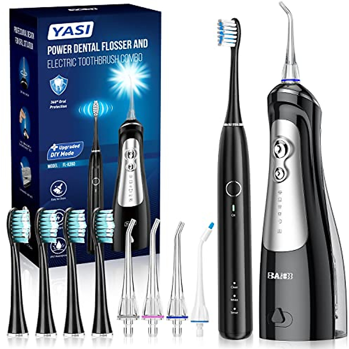 Water Dental Flosser with Electric Toothbrush Combo, Cordless Water Flosser for Teeth, Gums, Braces Care, with 6 Modes & 3 Sonic Modes, Oral Care Kit with 4 Brush Heads & 4 Jet Tips, IPX7 Waterproof