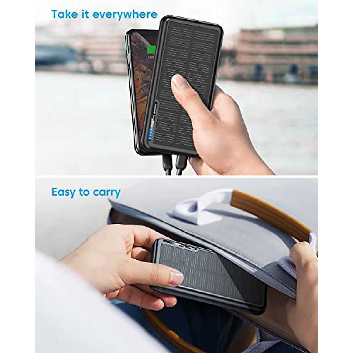 Anyzoo Solar Portable Charger 20000mAh, Power Bank with External Solar Battery Panels, Battery Pack with Dual inputs & Outputs Compatible with Cellphones