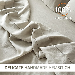 Simple&Opulence 100% Belgian Linen Sheet Set Handmade Hemstitch Linen Full Size Bed Sheet-4 Piece (1 Flat Sheet+1 Fitted Sheet+2 Pillowcases)-Natural Flax Farmhouse Bedding