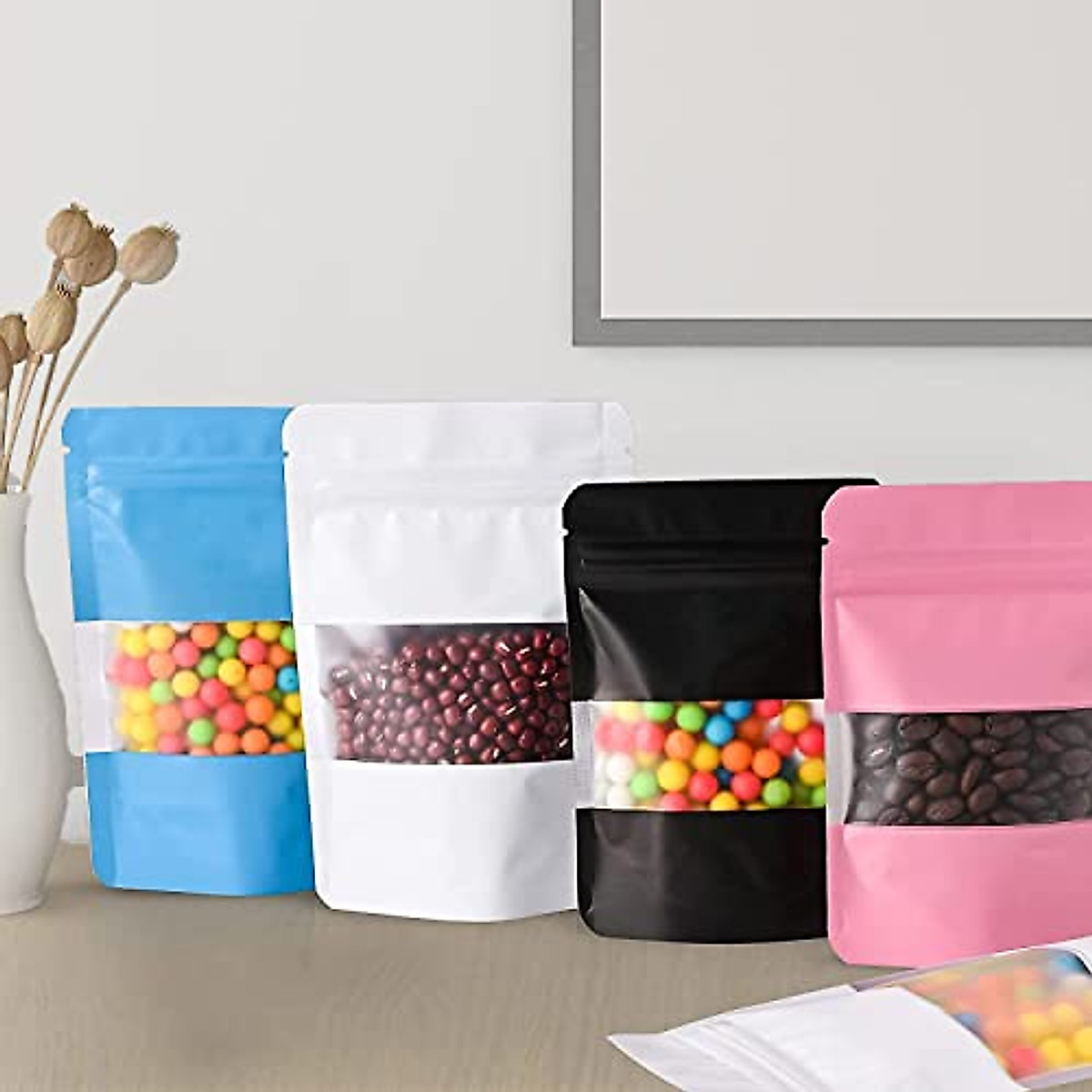 100 Pcs Resealable Bags, Stand-up Food Storage Bags with Clear Window, Sealable Zip Lock Self Sealing Bags for Packaging Products (White 4 x 6 In)