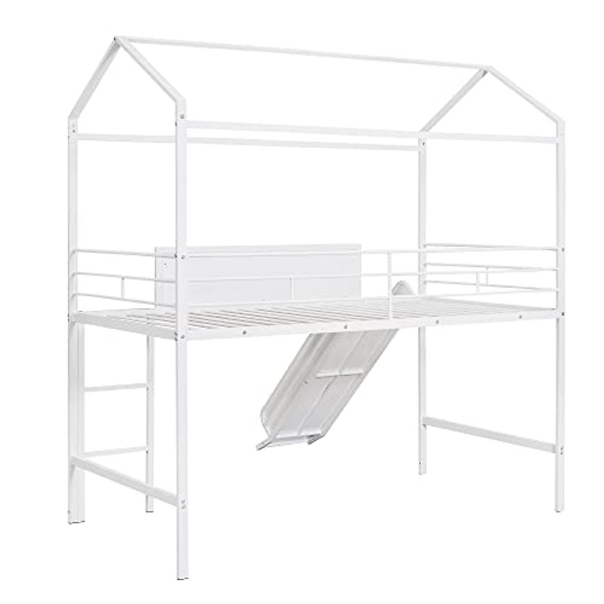 BOVZA Twin Size Metal House Loft Bed with Slide and Roof, Multifunctional Loftbed Frame with Two-Sided Writable Wooden Board, White