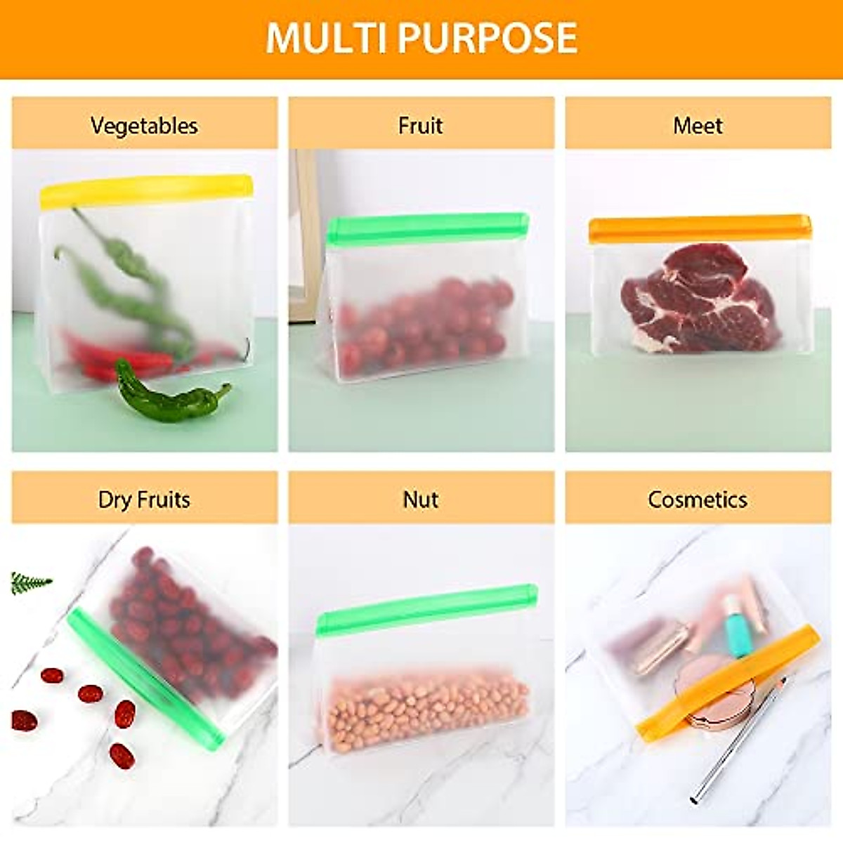 12 Pack Reusable Food Storage Bags, FDA Food Grade Ziplock Leak proof 4 Reusable Sandwich Bags 3 Gallon Bags 5 Snack Bags Easy Wash Eco-Friendly Freezer Safe Bags For Meat Fruit Vegetable