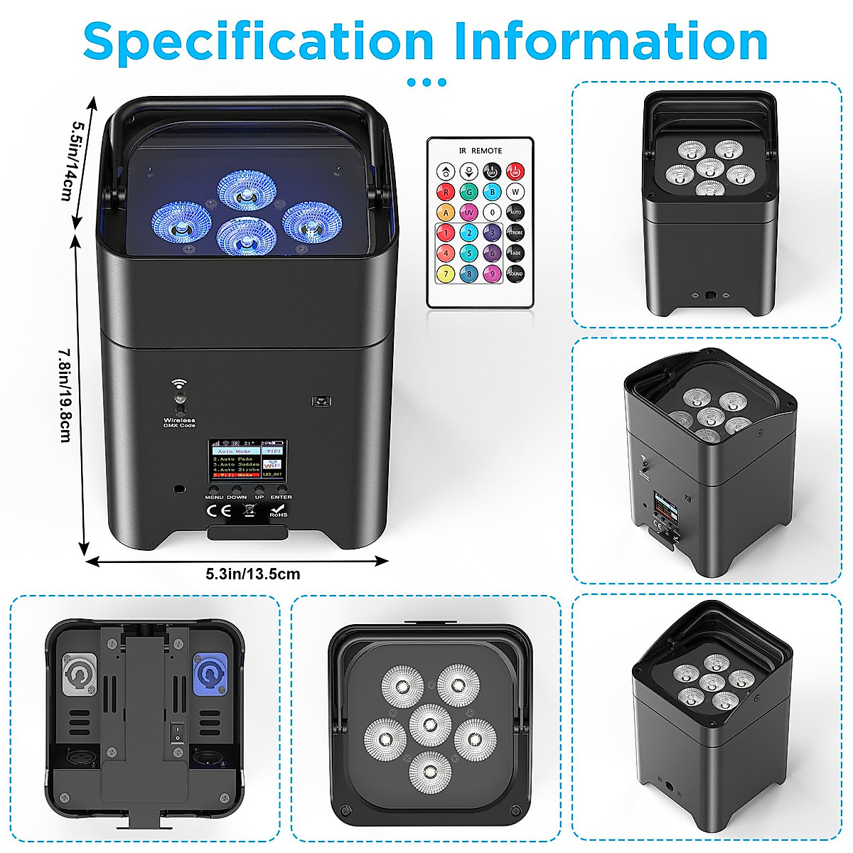 Battery Powered Uplights Rechargeable Par Can 6x18W RGBWA+UV led uplight 9600 mAh Remote/APP/DMX512 Control Stage Lights Uplighting Indoor for Wedding DJ Church Chrismas Dance