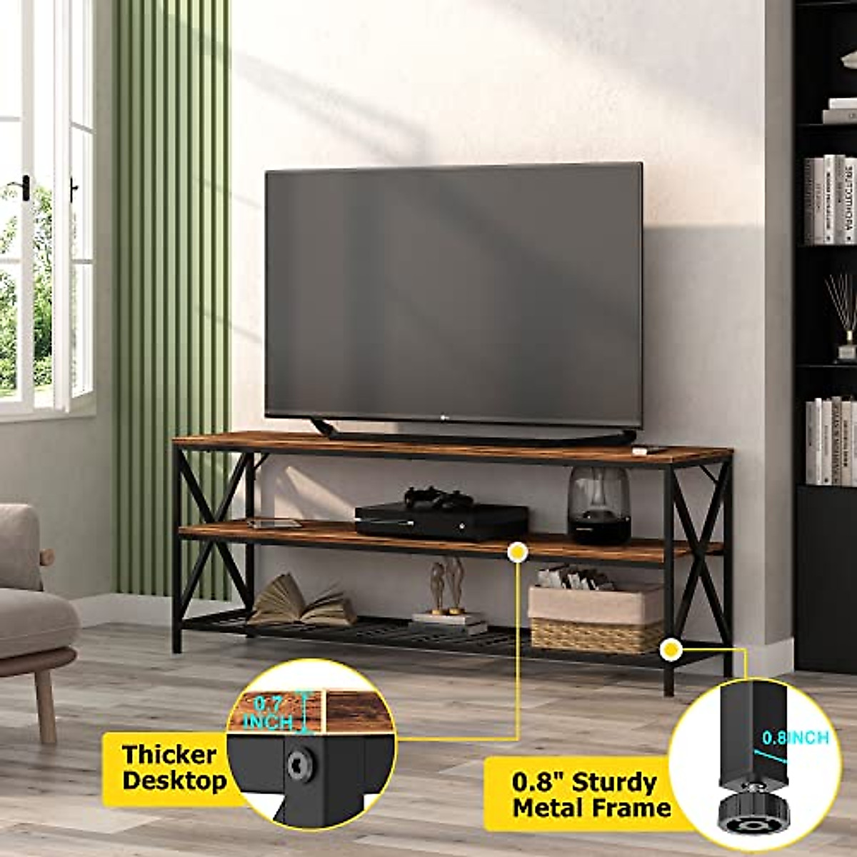 Hompenny TV Stand for TV up to 65 Inch, Industrial Entertainment Center for Living Room Bedroom, Sturdy Wood TV Console Table  TV Cabinet with 3-Tier Storage Shelves, Rustic Brown