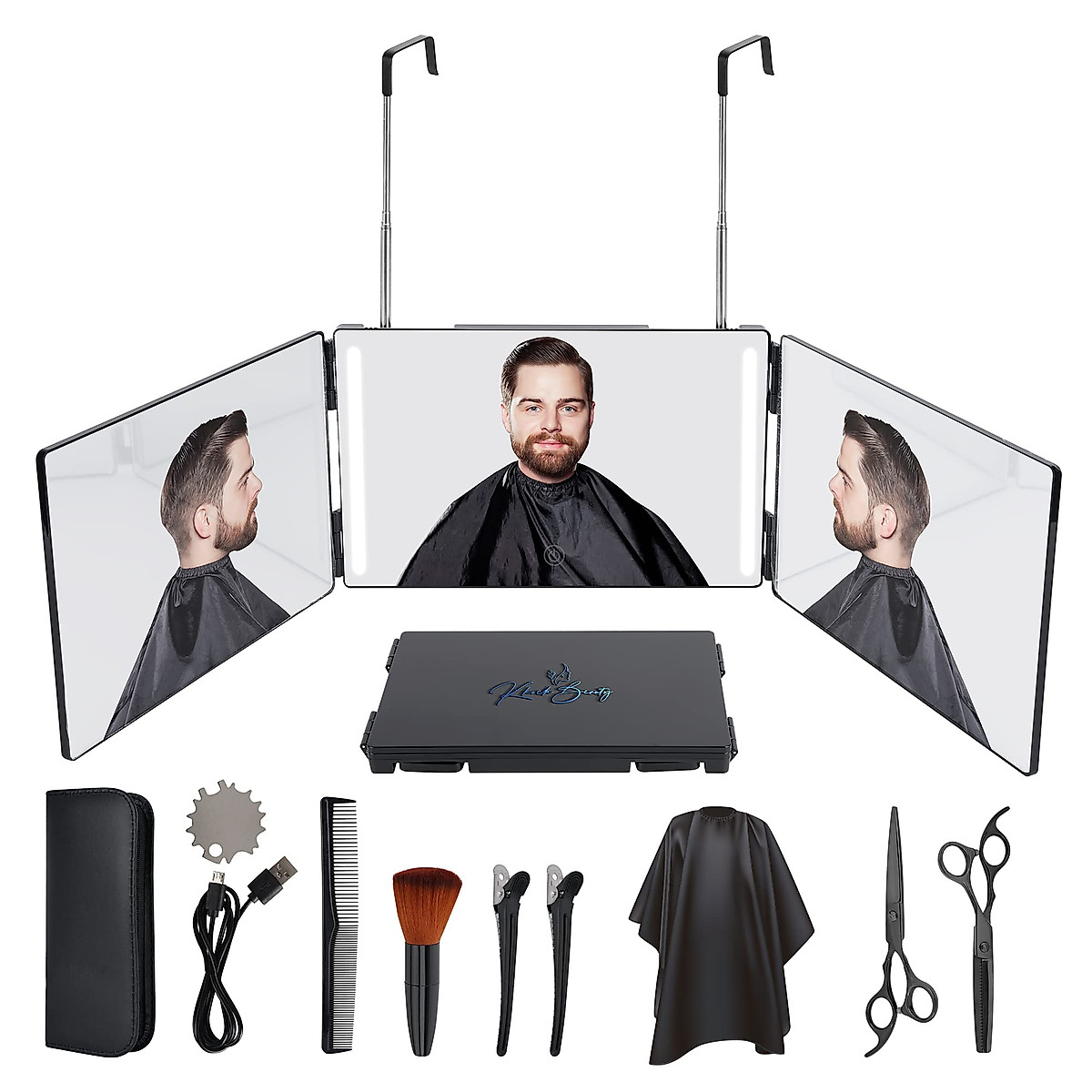 KKOCH BEAUTY 3 Way Mirror with LED Lights, Haircutting Kit, 360 Mirror for Braiding and Makeup, Mirror to See Back of Head, Self Cut for Men Women Kids