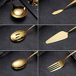 HOMQUEN 6-Piece Gold Serving Flatware Silverware Set,Stainless Steel Serving Utensil Set,Include Cake Server, Slotted Serving Spoon, Serving Spoon, Cold Meat Fork, Butter Knife, Soup Ladle
