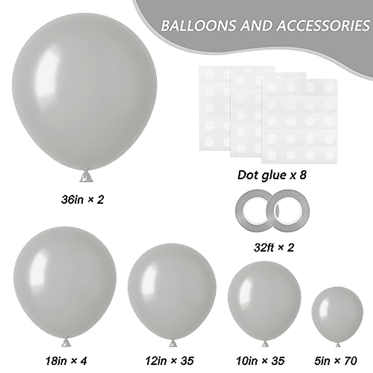 RUBFAC Pastel Grey Balloons, 146pcs Different Sizes Pack of 36 18 12 10 5 Inch for Balloon Garland or Balloon Arch as Graduation Wedding Birthday Baby Shower Anniversary Party Decorations