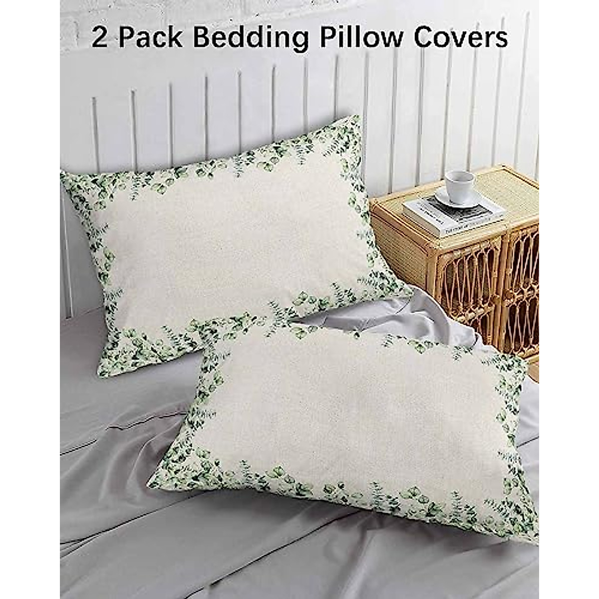 Spring Floral Pillow Covers Standard Size Set of 2 Bed Pillow, Rustic Green Botanical Summer Tropical Plants Plush Soft Comfort for Hair/ Skin Cooling Pillowcases with Envelop Closure 20''x26''