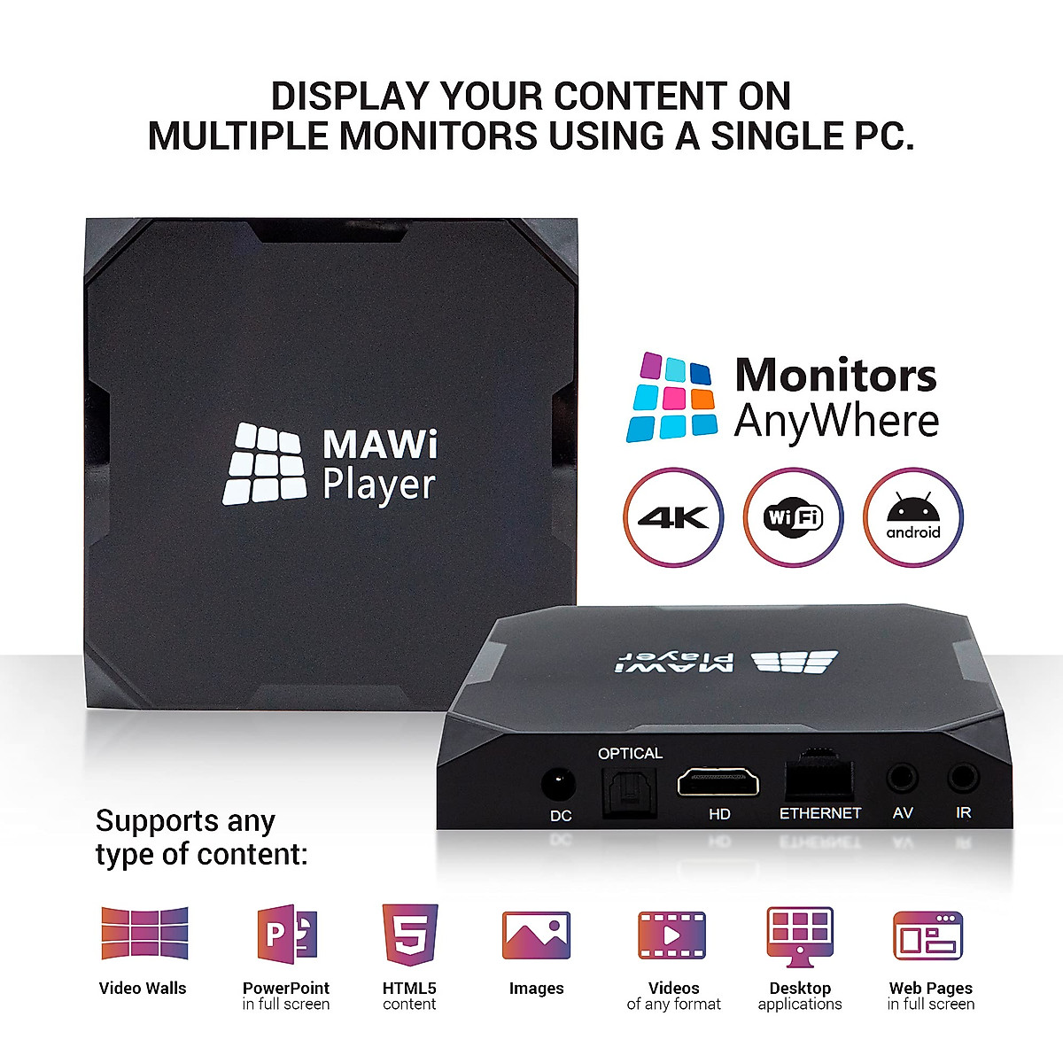MAWi 4K Digital Signage Player Bundle by Monitors AnyWhere – Video Wall solution with Android-based AV- over-IP connectivity software