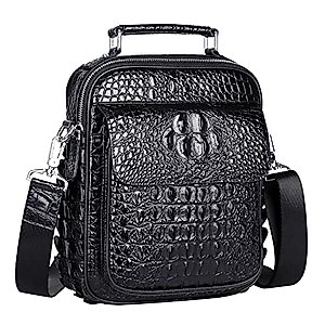 PIJUSHI Crocodile Leather Crossbody Bag for Men Genuine Leather Small Messenger Bag Shoulder Bag(PE002 Black)