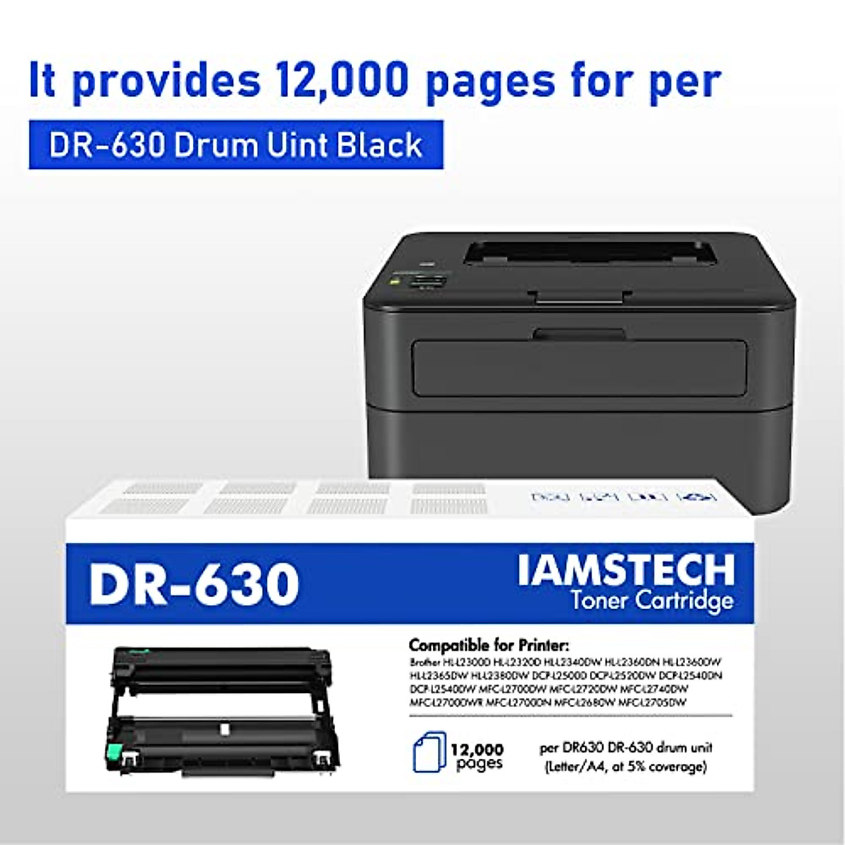 iamstech DR630 DR-630 Drum Unit 2-Pack Replacement for Brother MFC-L2700DW HL-L2300D HL-L2340DW HL-L2380DW MFC-L2740DW DCP-L2540DW HL-L2305W HL-L2360DW Printer Black