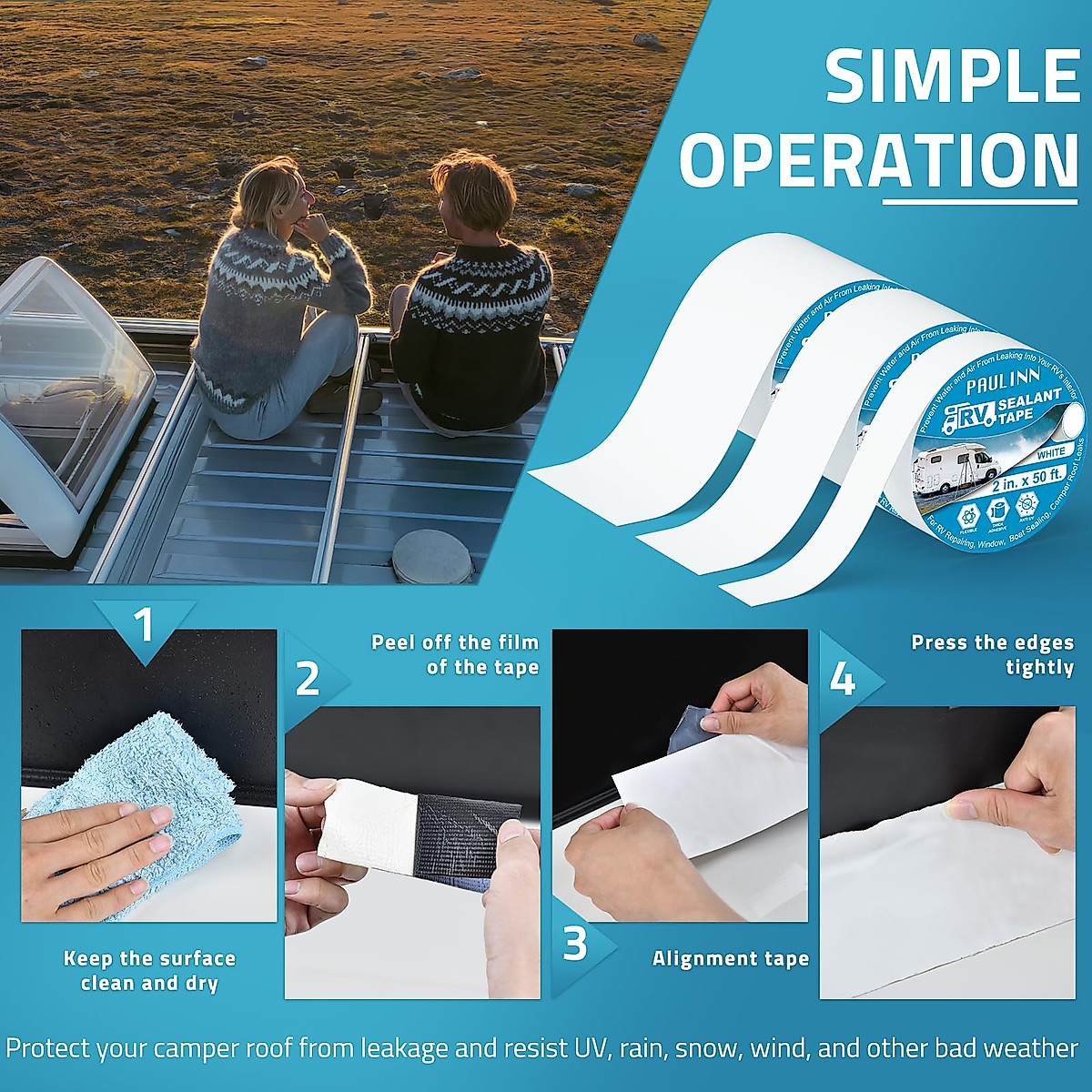 PAULINN RV Camper Roofing Repair Sealant Tape, 2 Inch X 50 Foot Natural White Trailer Roof Rubber Sealing Tape, UV & Weatherproof Roof Seal Tape for RV Camper Trailer Boat Sealing Leak Repair