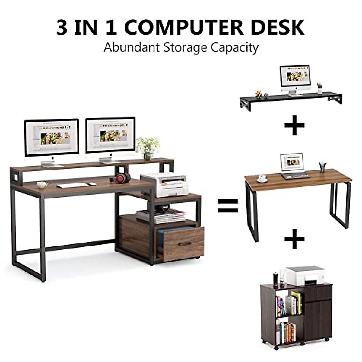Tribesigns Computer Desk with File Drawer and Storage Shelves, 60 inch Vintage Large Home Office Desk Computer Table Study Writing Desk Workstation with Hutch (Dk Brown)