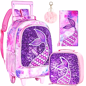 gxtvo Rolling Backpack for Girls, Roller Wheels Kids Bookbag - Wheeled Suitcase Elementary Sequin School Bag - 3PCS Mermaid