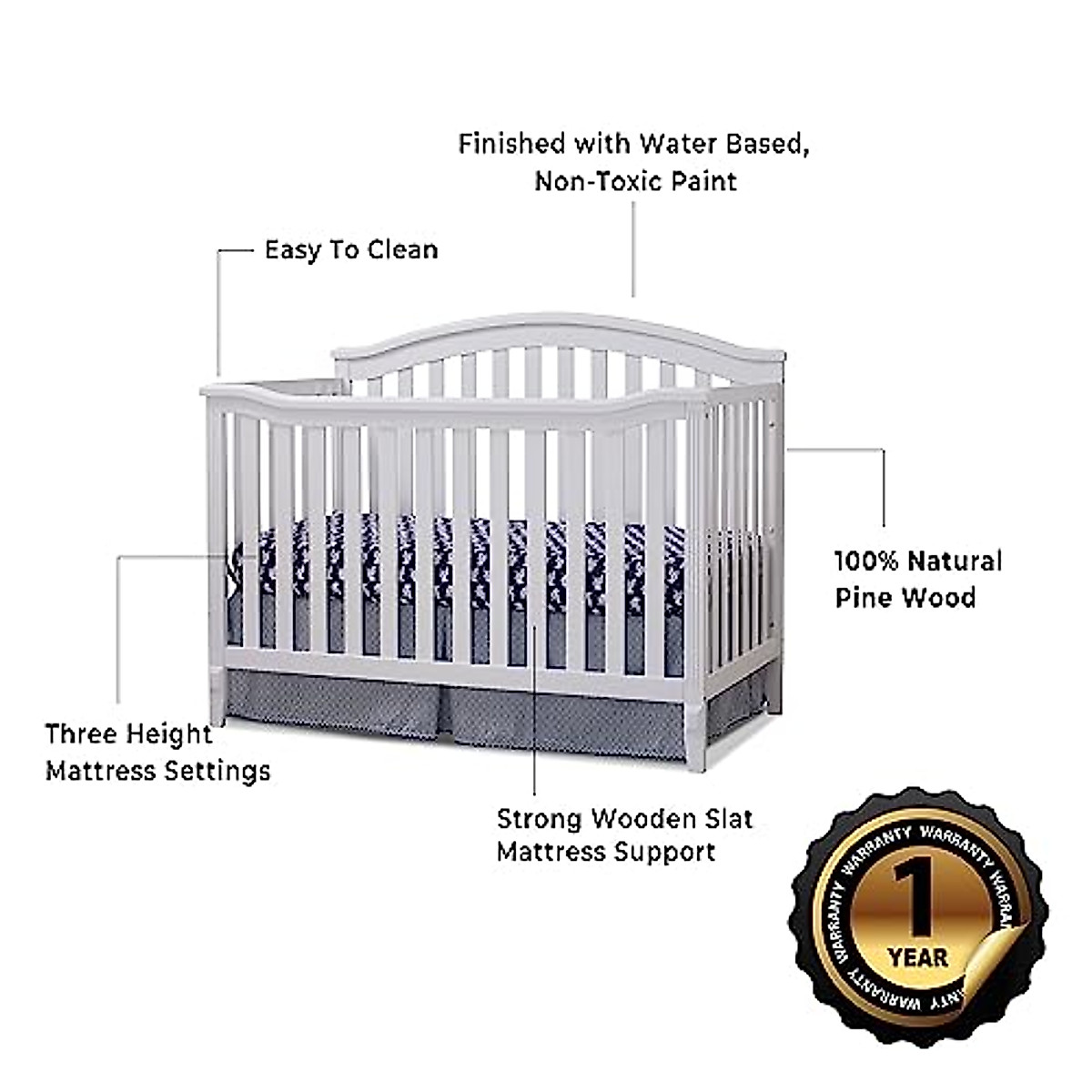 Sorelle Furniture Berkley Crib, Classic 4-in-1 Convertible Crib, Made of Wood, Non-Toxic Finish, Wooden Baby Bed, Toddler Bed, Child’s Daybed and Full-Size Bed, Nursery Furniture - White