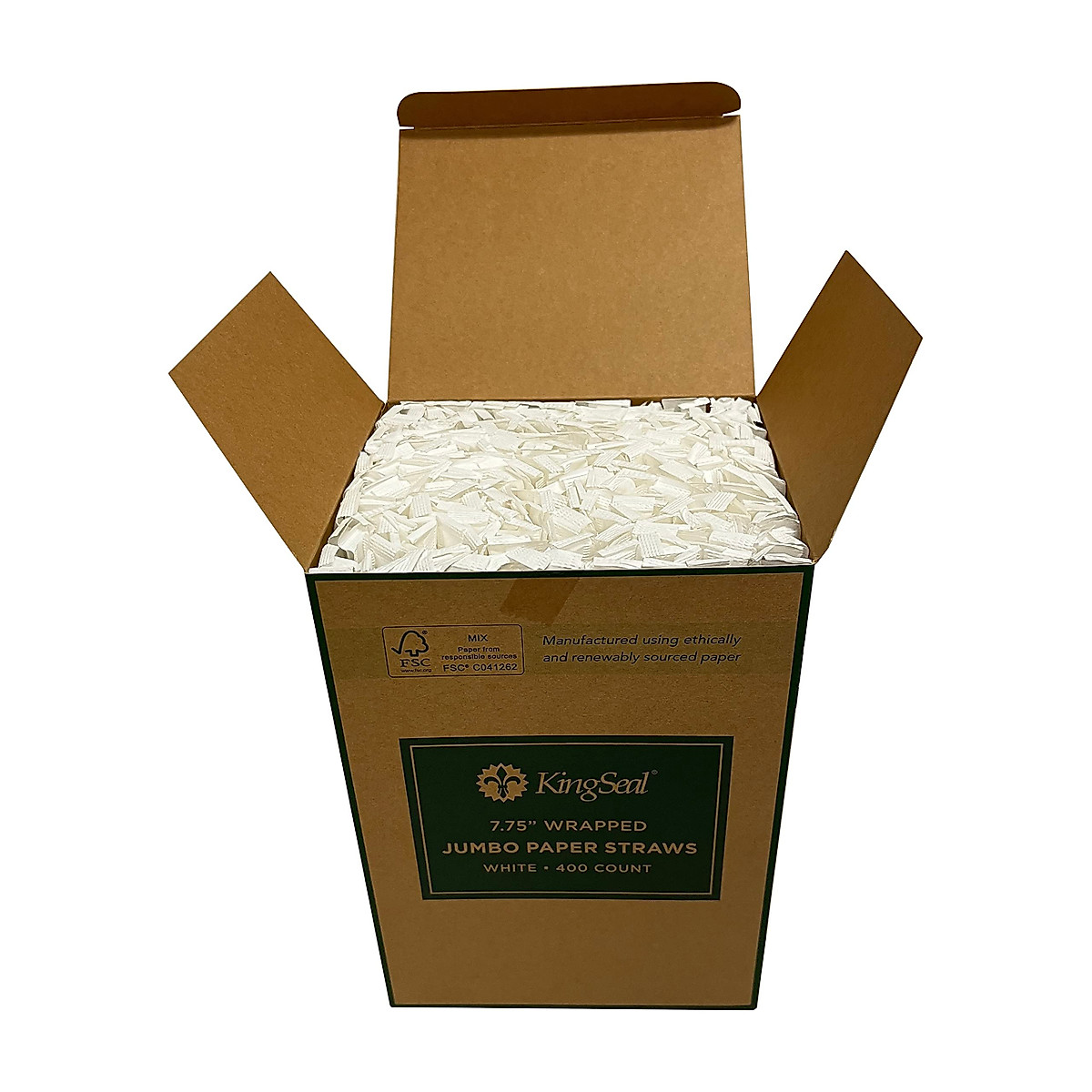 Kingseal Disposable PAPER Drinking Straws, FSC Certified, Paper Wrapped, WHITE, 7.75 Inch Length x 6mm Diameter, Jumbo" Size, Biodegradable, Earth Friendly, Bulk Pack - 400 Count Box