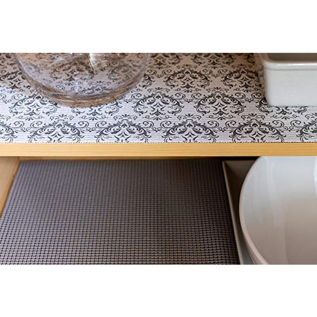 Duck Smooth Top Easy Liner Shelf Liner, Top Cabinet Multipack, 6-Rolls, Each 12" Width, 10' Length, Grey Damask