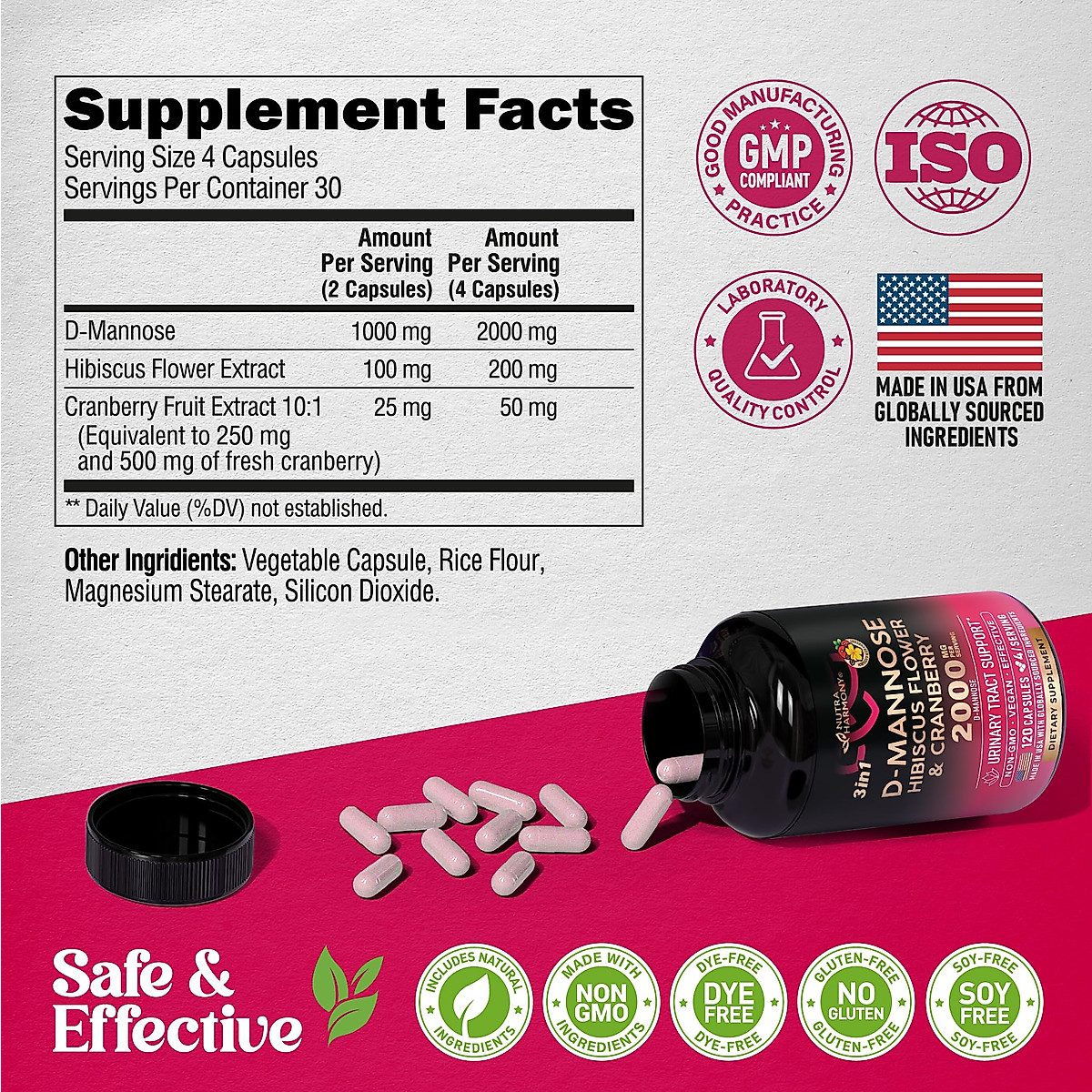 D-Mannose 2000mg with Cranberry 500mg & Hibiscus - Clinically Tested Strength for Urinary Tract Health - Supplement for Women - Bladder, Liver & Microflora Support - Made in USA - Vegan, 120 Capsules