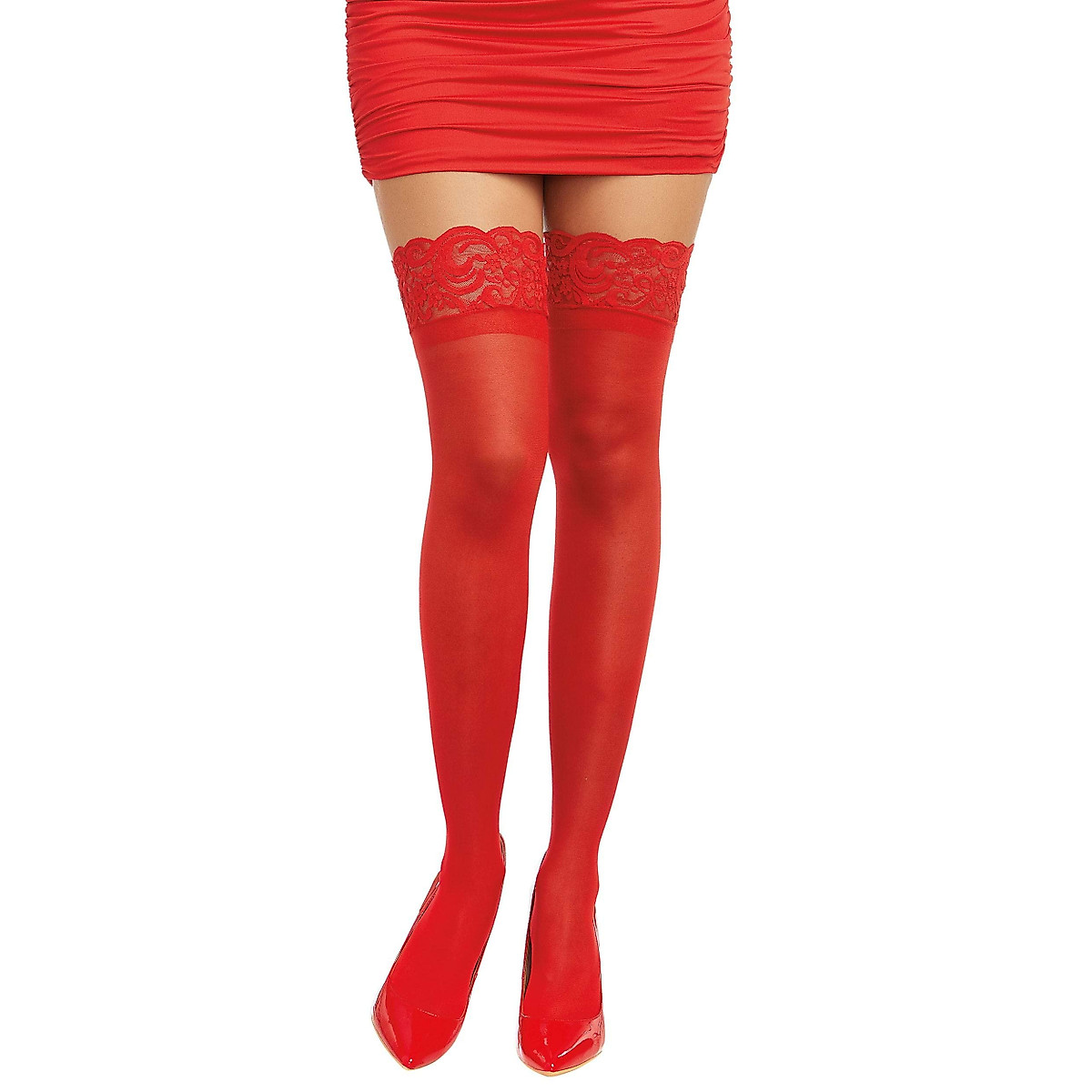 Dreamgirl Women's Sheer Thigh High Pantyhose, Hosiery, Nylons, Stockings with Comfort Lace Top Anti-Slip Silicone Elastic Band, Red, One Size