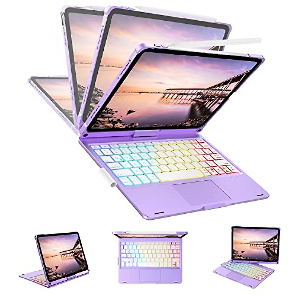 OYOSUOGG Touch ipad Air 5th Generation Case with Keyboard, ipad Pro 11 inch Case with 7 RGB Backlight & 360°Rotatable Keyboard, Magic Trackpad Keyboard Case for Air 4th Gen with Pencil Holder, Purple