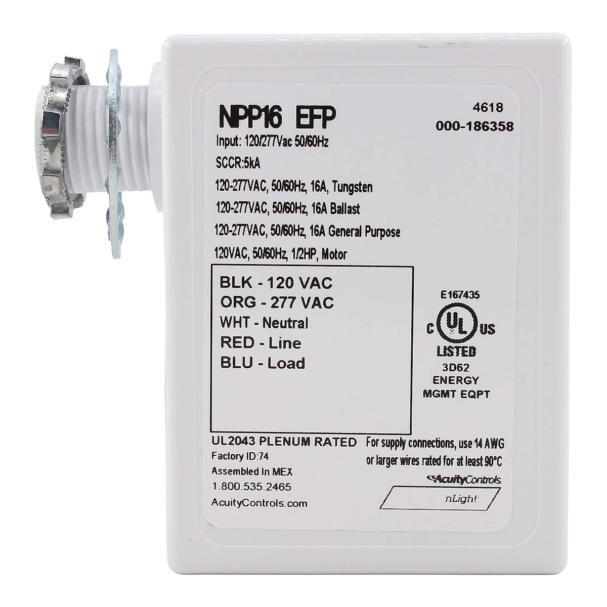 SENSOR SWITCH NPP16-EFP 120/277VAC, AUTO ON (Switch CH. 1), External Fault, Power/Relay Pack, Standard Temp/Humidity