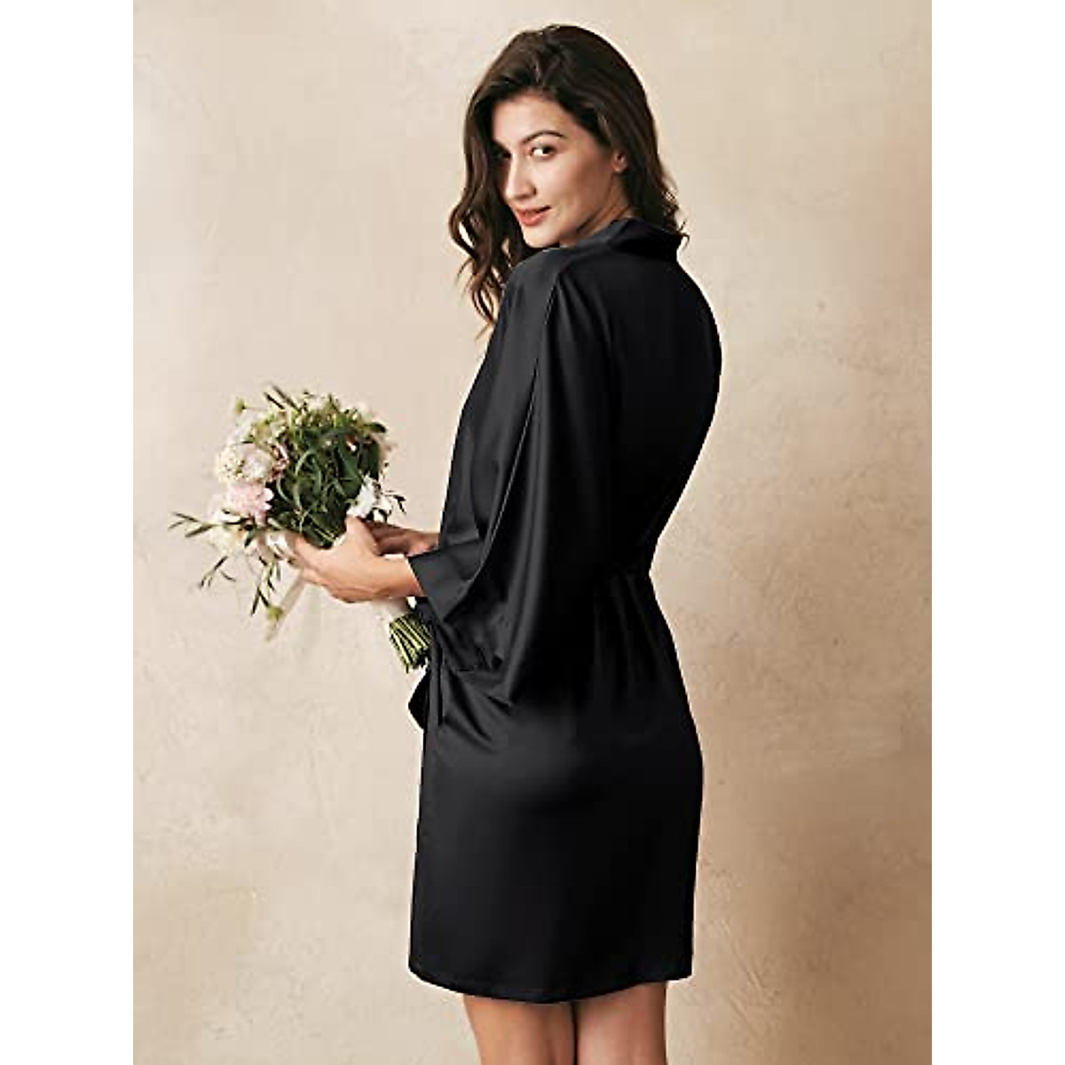 AW BRIDAL Women's Black Silk Robe, Short Satin Kimono Robe Bridal Party Robes for Brides Bridesmaids, Black S