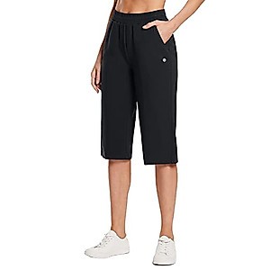 BALEAF Women's 17" Capri Yoga Pants Cotton Loose Soft Drawstring Workout Sweatpants Summer Causal Lounge Pants with Pockets Black L