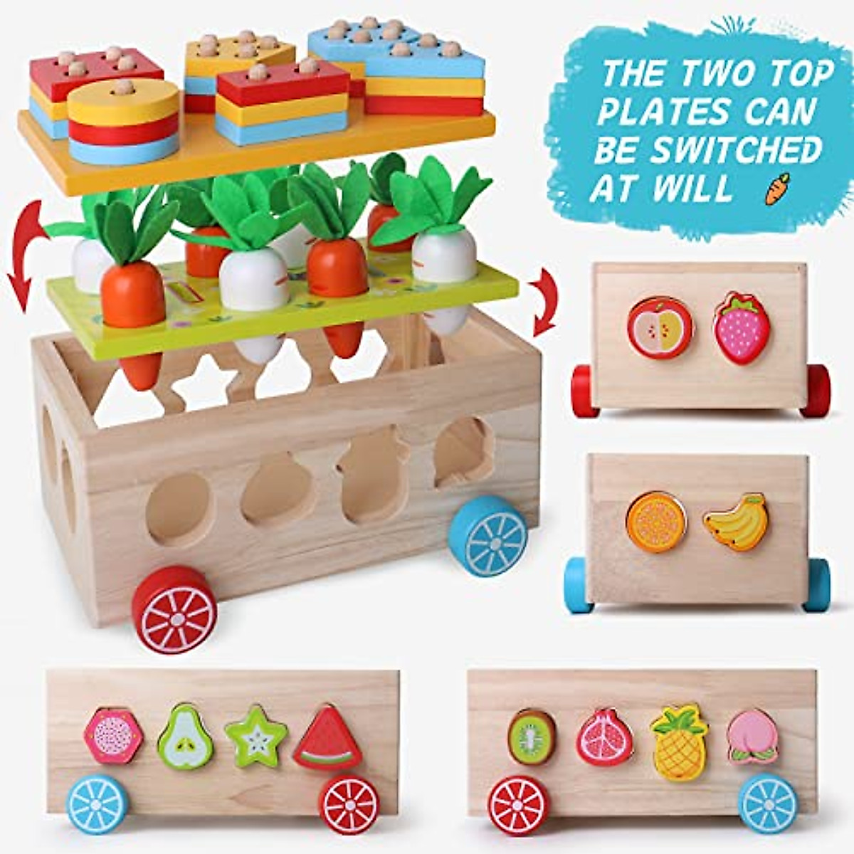 BEAUAM Toddlers Montessori Educational Toys for Boys 2 3 4 Year Old Girls, Wood Shape Classification Toys for Gifts for Children 2-4, Wood Preschool Carrot Harvest Game