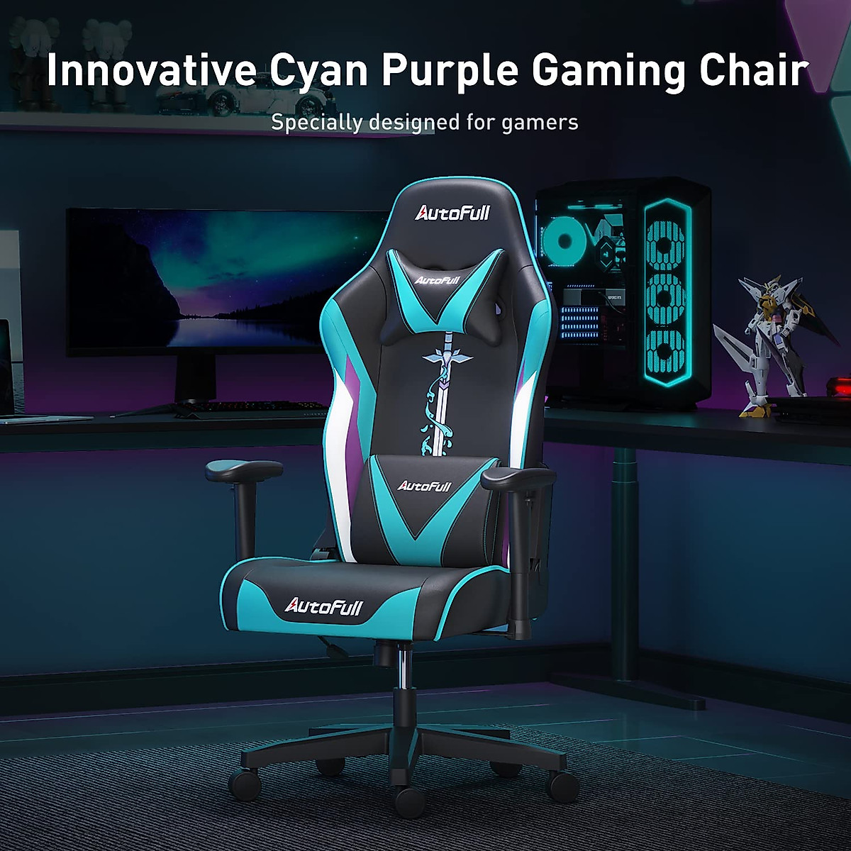 AutoFull C3 Gaming Chair Office Chair PC Chair with Ergonomics Lumbar Support, Racing Style PU Leather Multifunction Adjustable Computer Chair (Cyan)