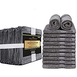 TALVANIA Grey Washcloths Cotton - 13” X 13” 100% Pure Ring Spun Cotton Towels 600 GSM Soft and Absorbent, Pack of 12 Face Cloths Wash Towel (Gray)