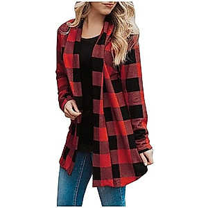 BAXLIMEK Cardigan For Women,2023 Fall Fashion Clothes Trendy Plaid Print Long Sleeve Shirts Outerwear,Dressy Casual Loose Open Front Lightweight Coats Plus Size Going Out Tops(B-Red,L)