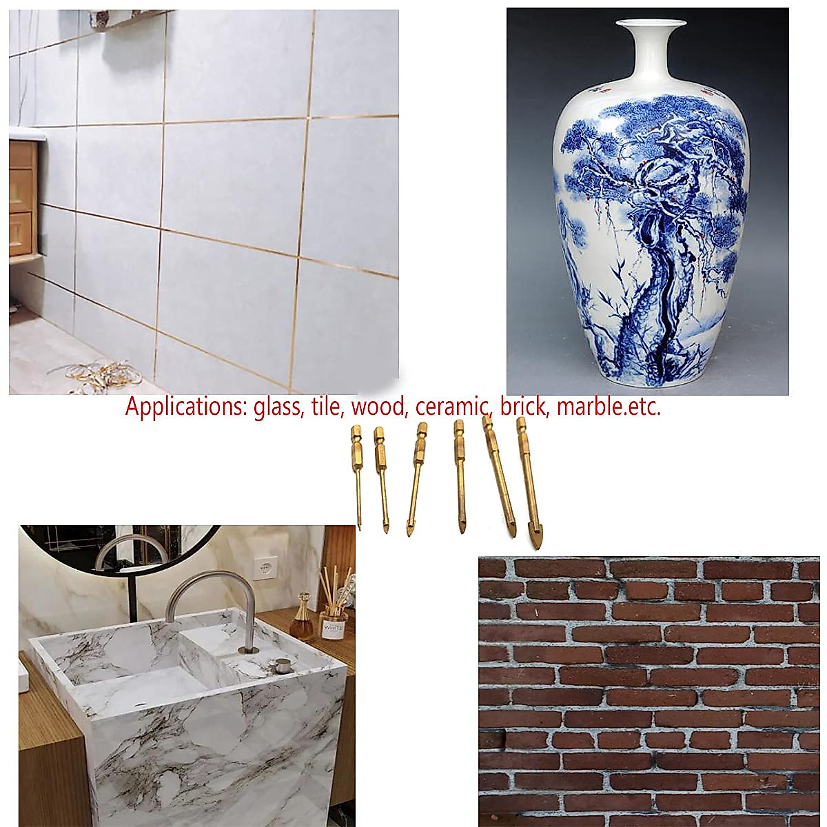 Chiloskit 5pcs Titanium Coated Tile Glass Masonry Drill Bit Set Hole Cutting Tool with Hex Shank for Ceramic Tile Marble Mirror Glass, 3/4/6/8/10mm