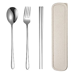Xihuimay 3pcs Stainless Steel Chopsticks Fork Spoon Set with Travel Case Non-Slip Tabeware Pack Metal Portable Flatware Set Utensils Chinese Japanese Korean for Cooking Eating Dishwasher Safe, White