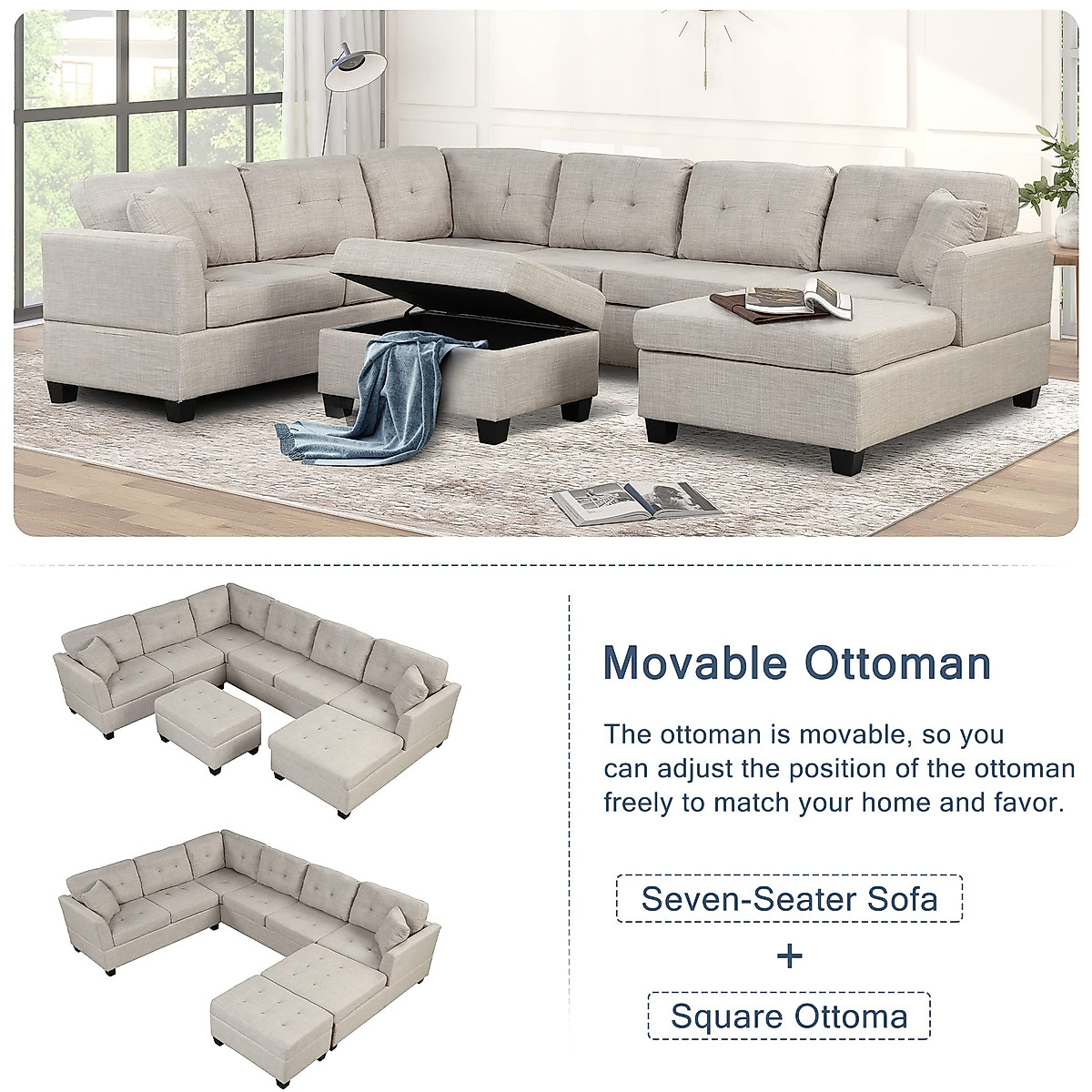 Merax Oversized Sectional Sofa with Storage Ottoman, U Shaped Sectional Couch