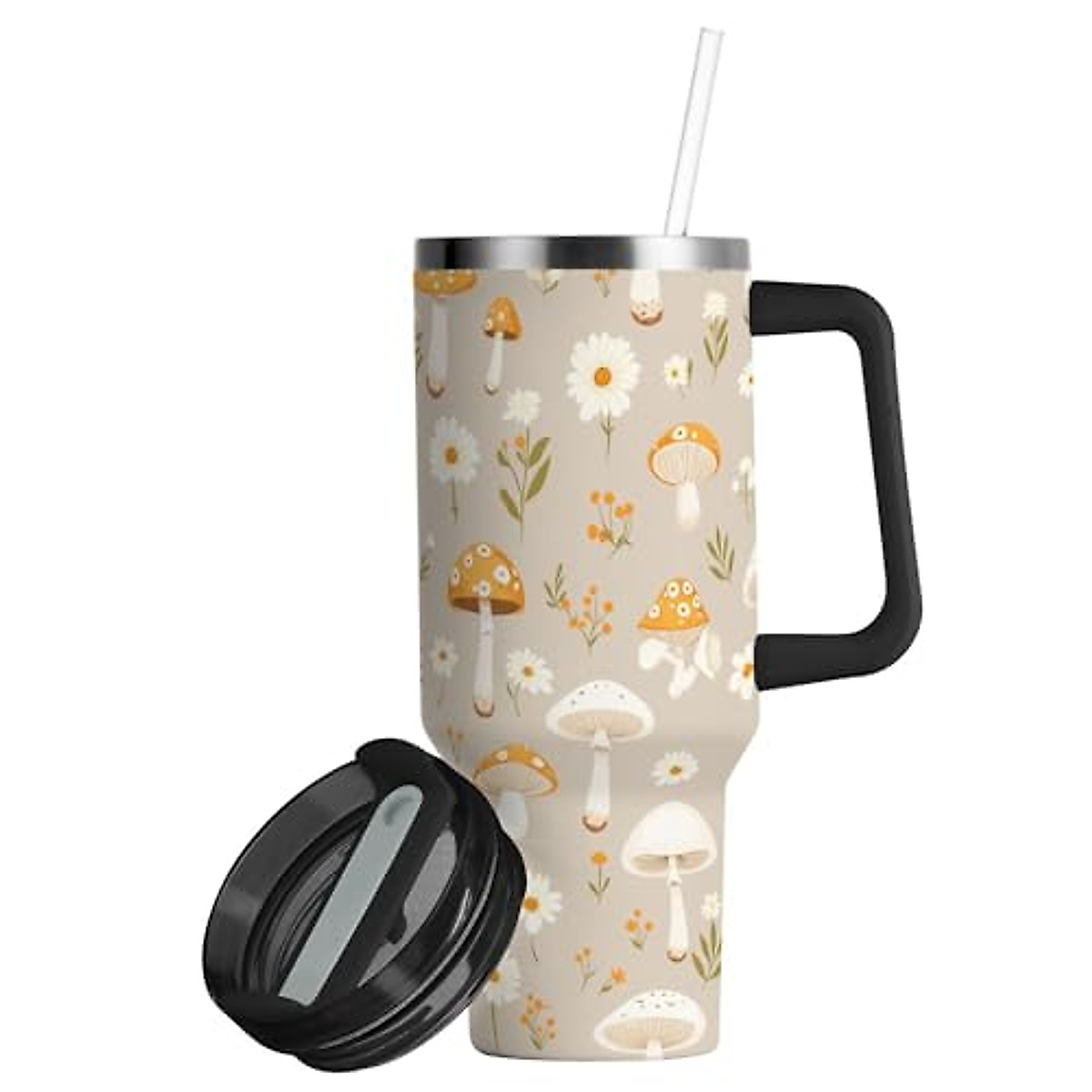 linqin Cute Mushrooms Vacuum Tumbler Insulated with Straw Lid 30 oz Girls Water Bottle Reusable Big Coffee Mug for Water, Iced Tea or Coffee